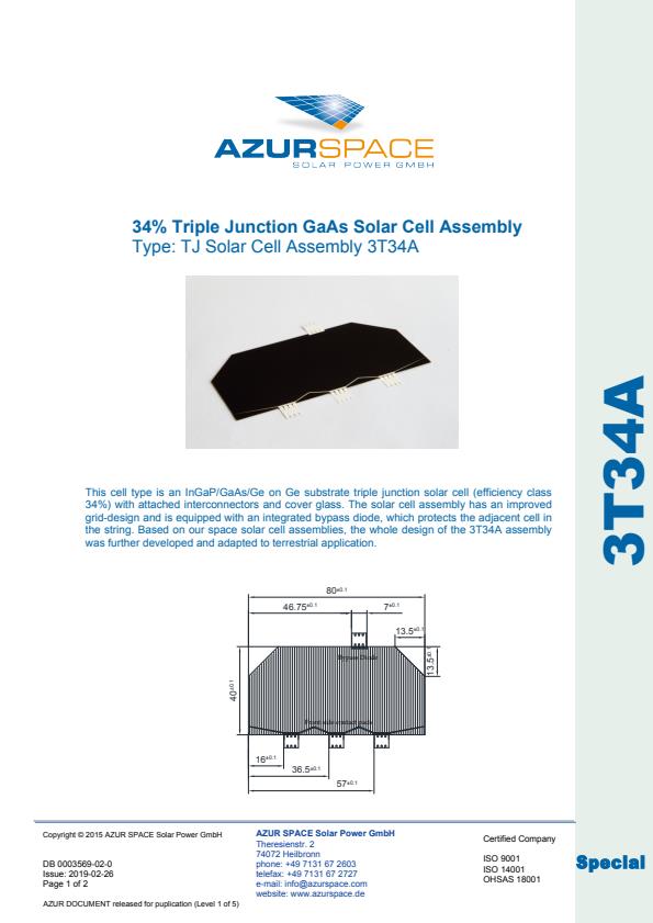 Azur-Space - Model 3T34A - Triple Junction Solar Cell Assembly- Brochure