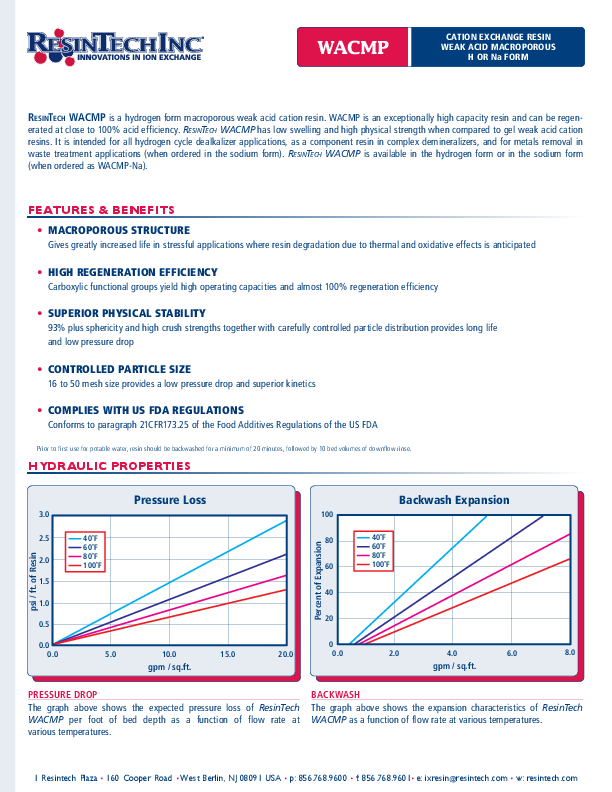ResinTech - Model WACMP - Cation Exchange Resin Weak Acid Macroporous H ...