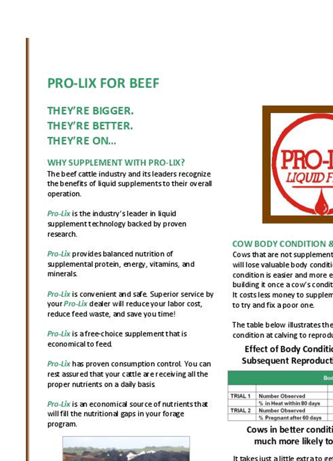 Pro-Lix - Liquid Molasses Based Feed Supplement Brochure
