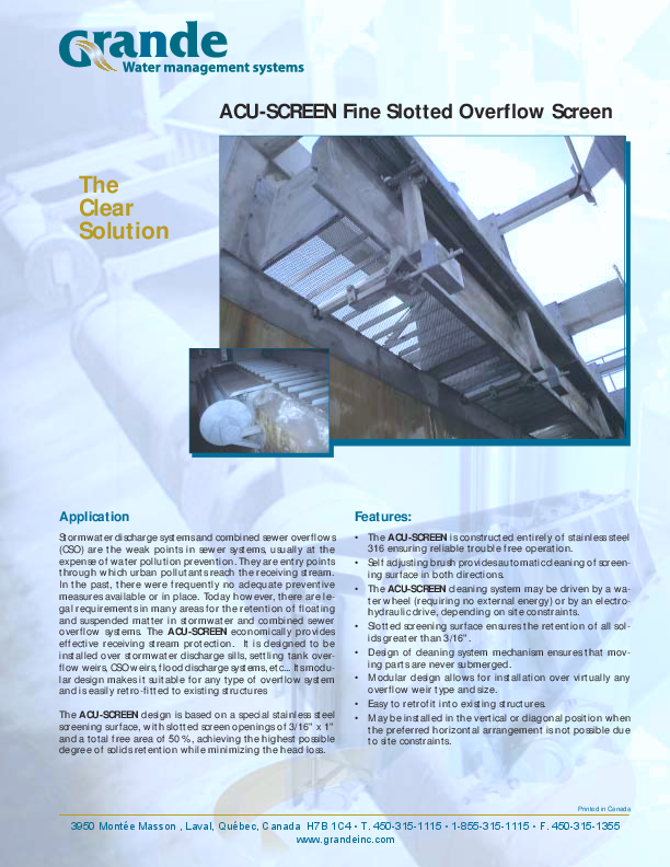 Grande - Model ACU-Screen - Fine Slotted Overflow Screen System - Brochure