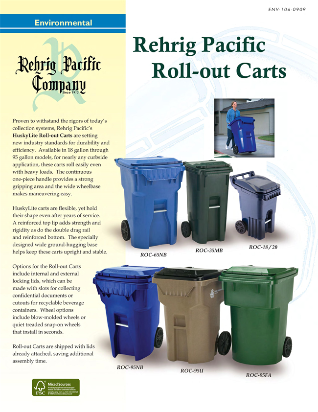 Rehrig - Model 95 Gallon EnviroGuard - Roll-Out Cart with Gravity Lock ...