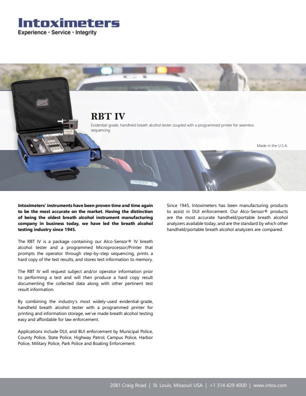 Intoximeters - Model RBT IV - Portable Breath Tester -Brochure