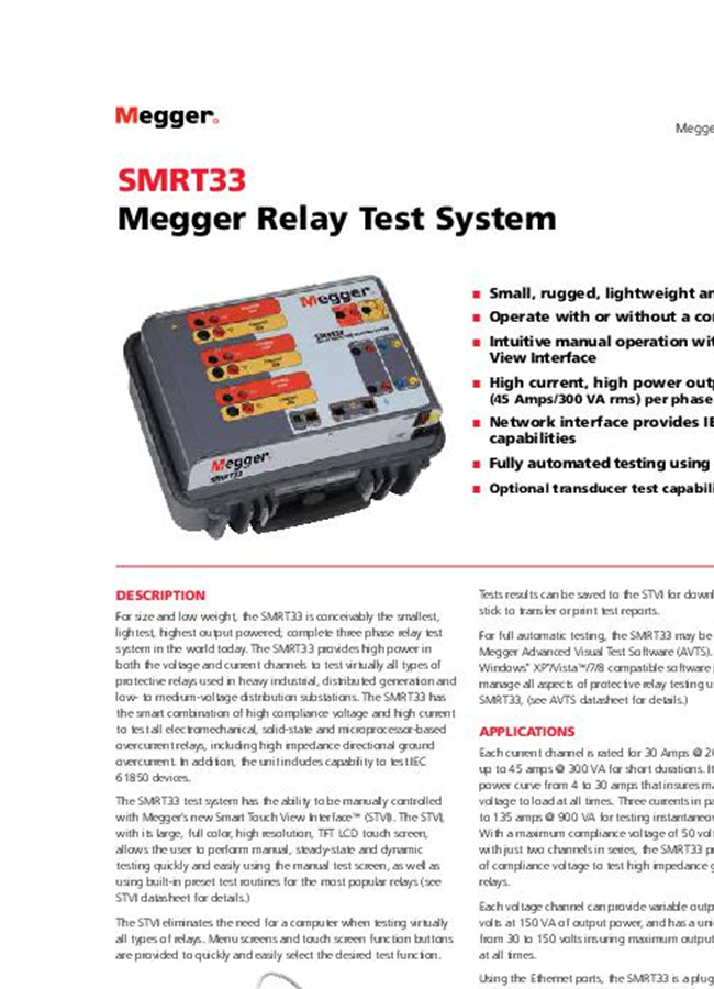 Megger - Model SMRT1, SMRT 1D and SMRT 1B - Single-Phase Relay Test ...