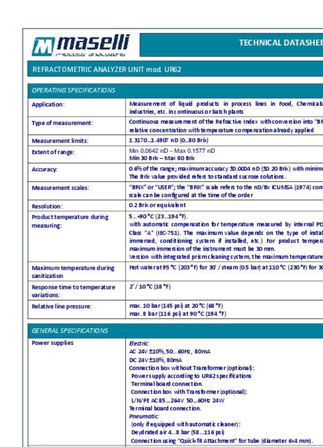 Maselli - Model UR62 - Digital Refractometric Analyzer - Brochure