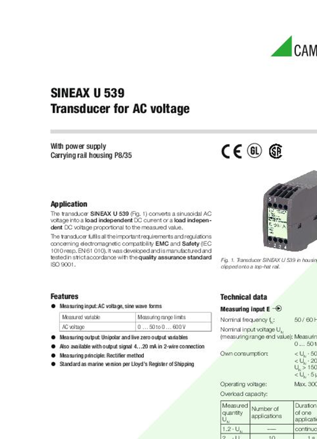 SINEAX - Model U539 - Transducer for AC Voltage - Datasheet