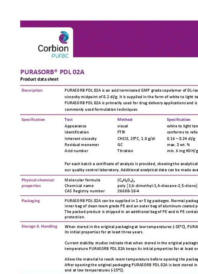 PURASORB PDL 02A Acid Terminated GMP Grade Copolymer - Brochure