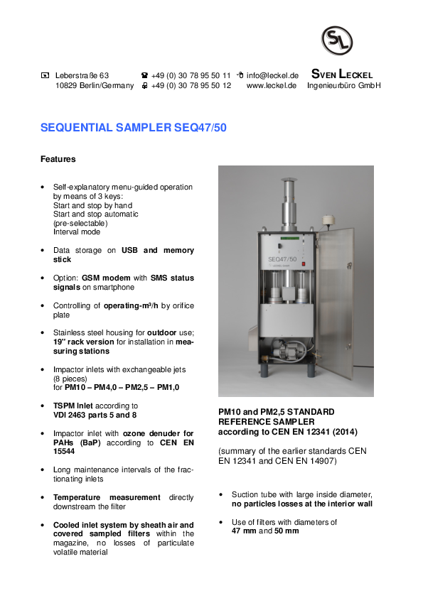 Leckel - Model SEQ47/50-RV - 19" Standard Reference Air Sampler - Brochure